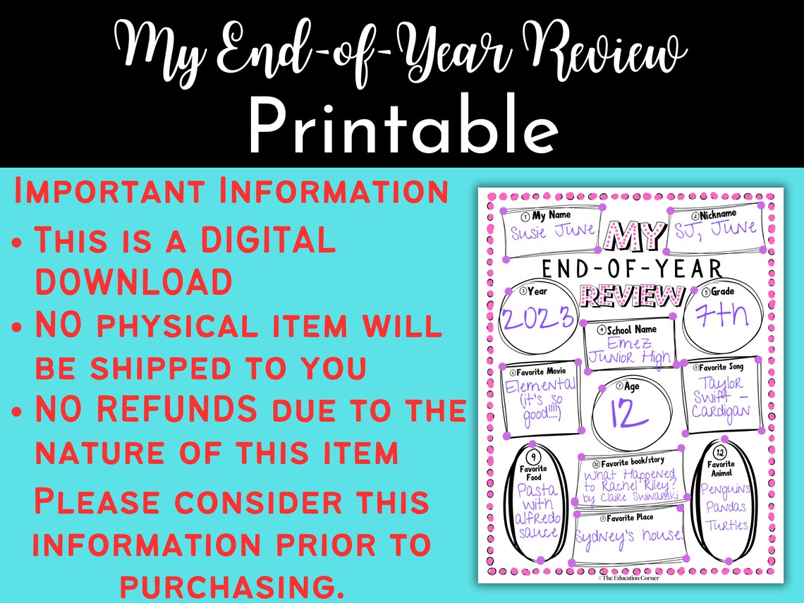 My End-of-year Review Printable | Year in Review Worksheet | New Year's ...