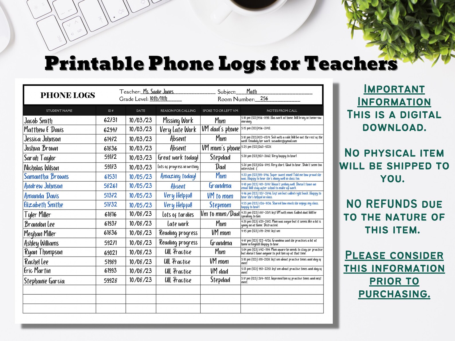 Phone Logs for Teachers | Download and Print | Download Once, Print ...