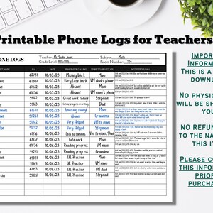 Phone Logs for Teachers | Download and Print | Download Once, Print ...