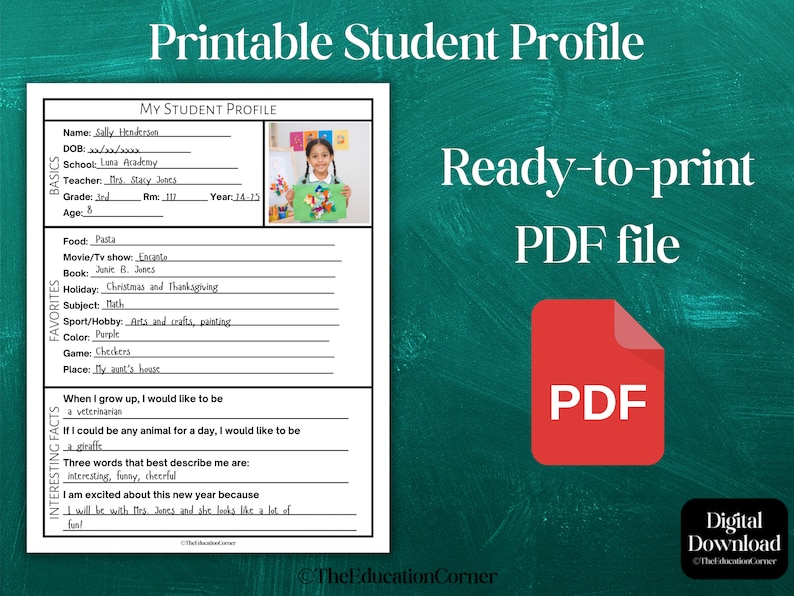 Printable Student Profile Sheet | Instant Download, DIGITAL DOWNLOAD ...