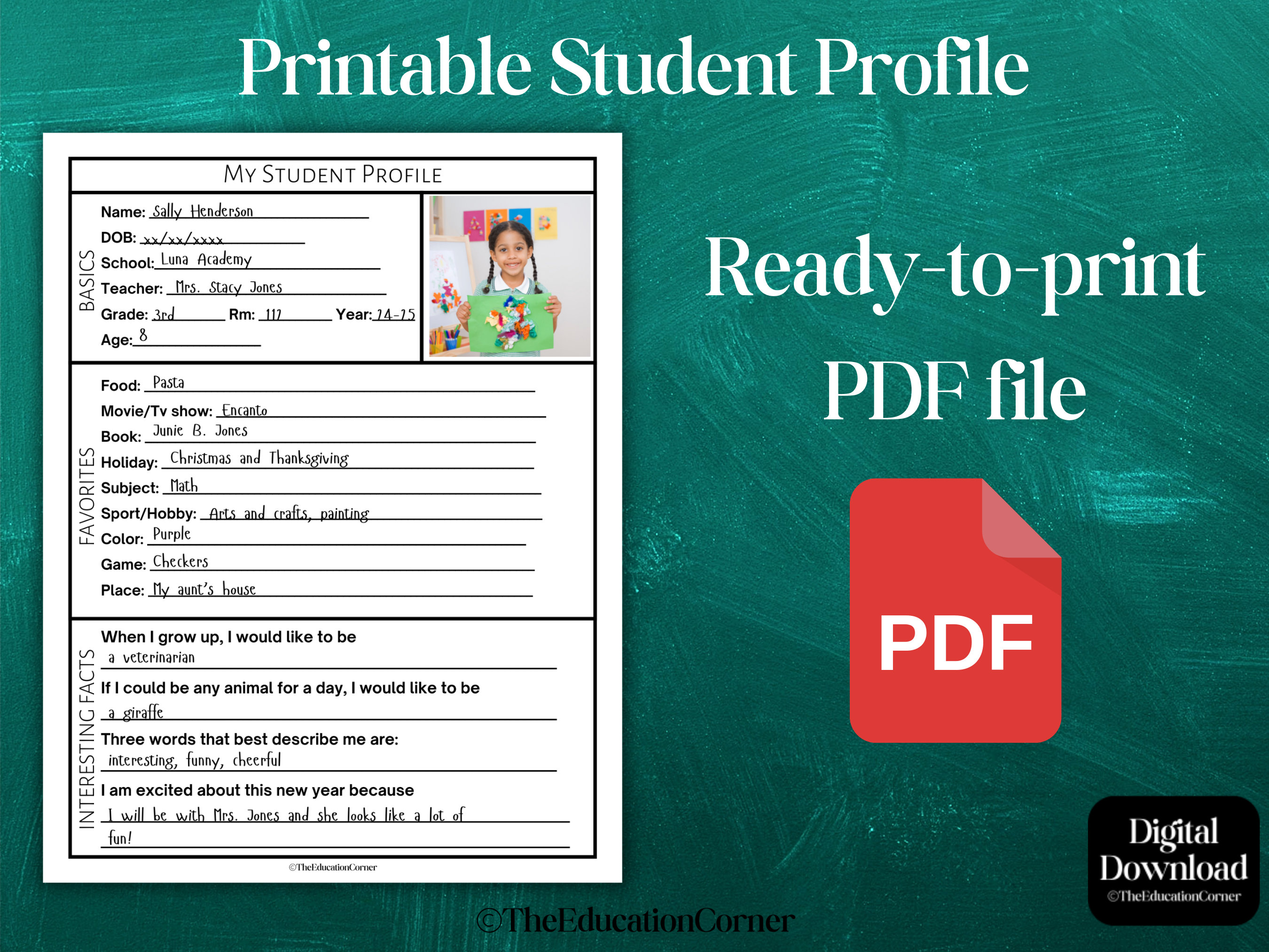 Printable Student Profile Sheet | Instant Download, DIGITAL DOWNLOAD ...