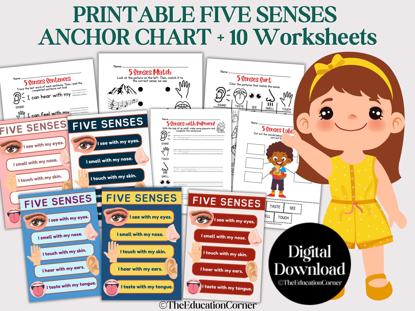 Printable Five Senses Anchor Charts + 10 Worksheets! | DIGITAL DOWNLOAD ...
