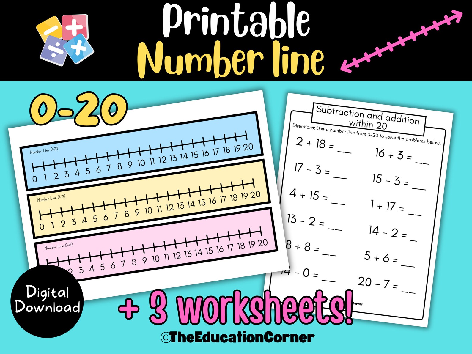 Printable Number Line 0-20 + 3 Practice Worksheets | Math Worksheets ...