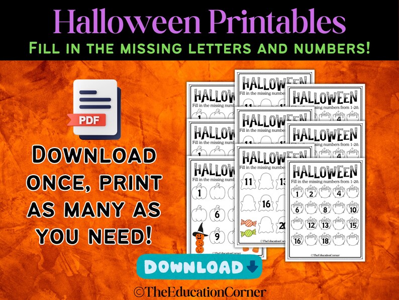 Halloween Printables - Fill-in the Missing Letters and Numbers | PDF ...
