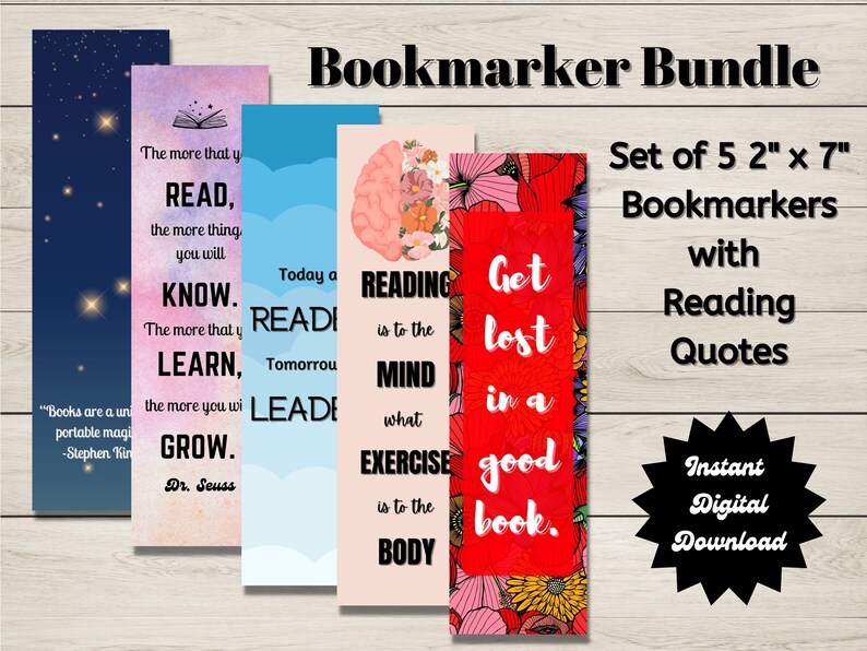 Bookmarker Bundle Set of 5 Instant Download Download ONCE, Print ...