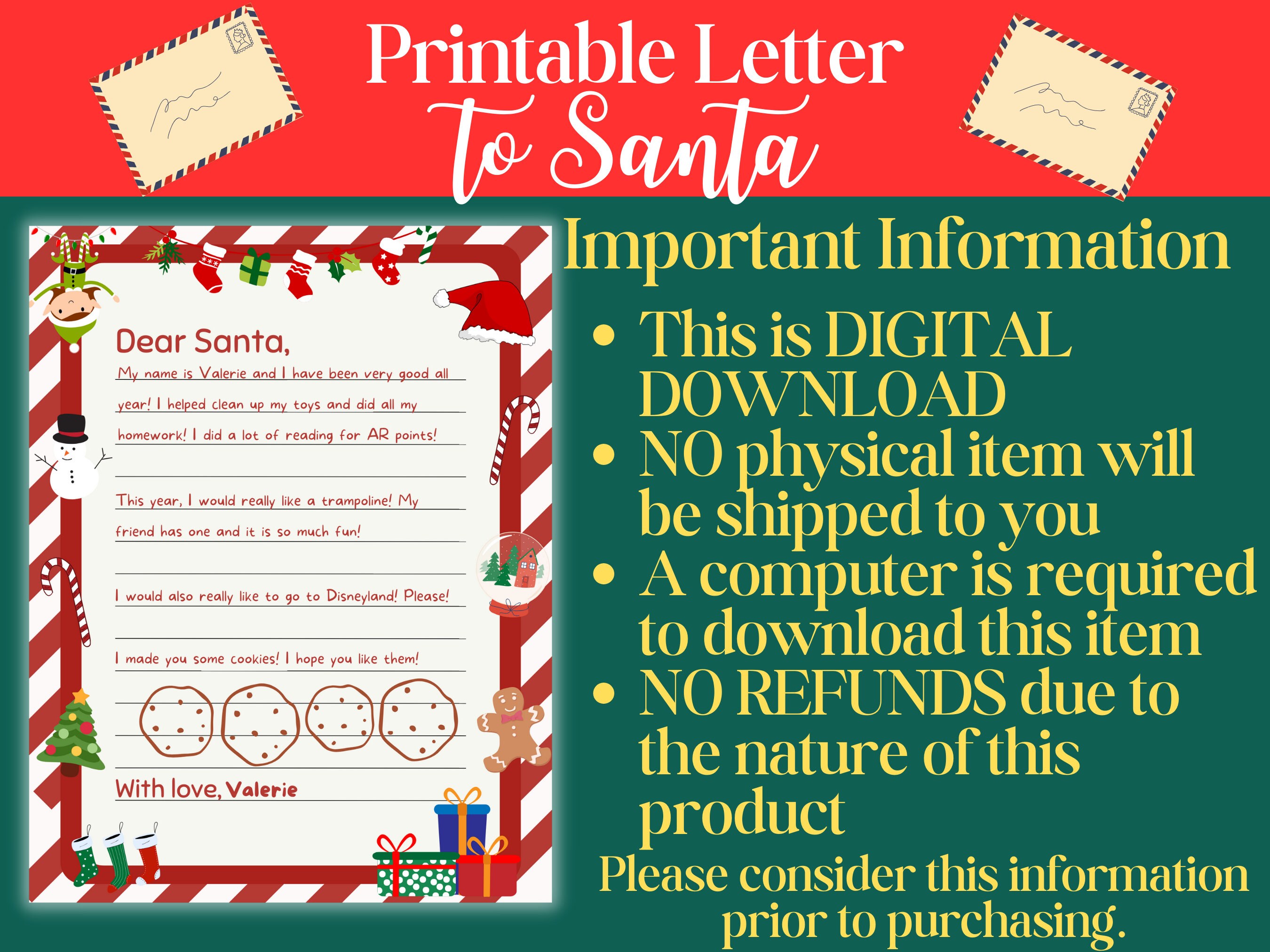 Printable Letter to Santa, Dear Santa Letter, Template, Ready-to-print ...