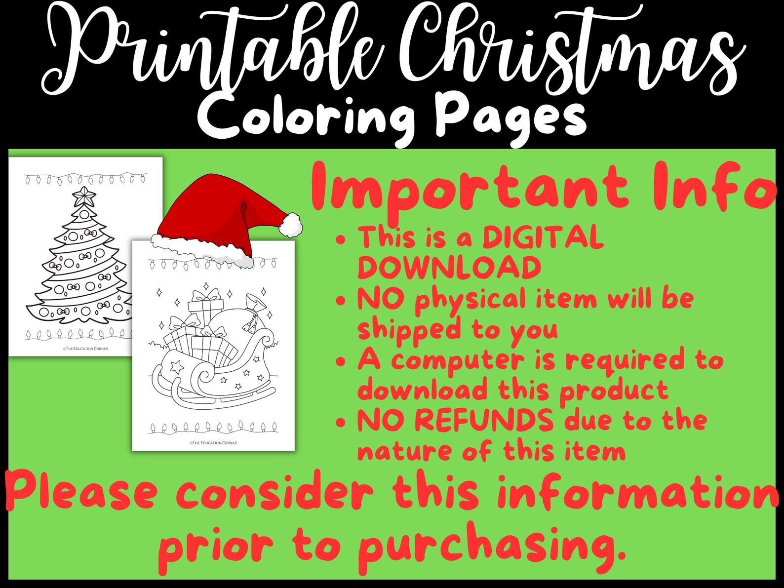 Christmas Coloring Pages for Kids and Adults, Digital Christmas ...