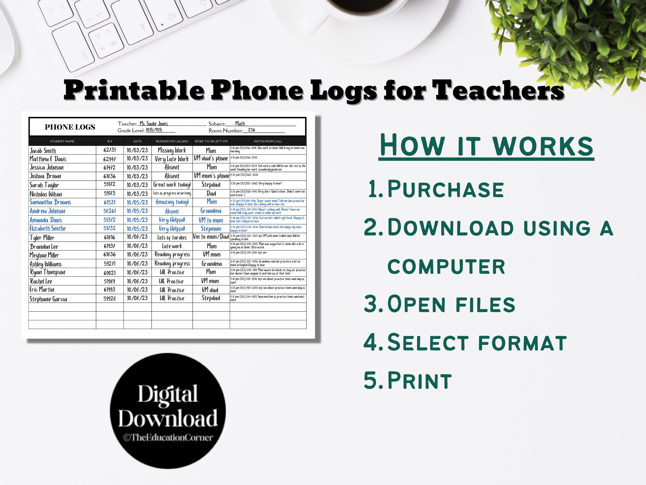 Phone Logs for Teachers | Download and Print | Download Once, Print ...