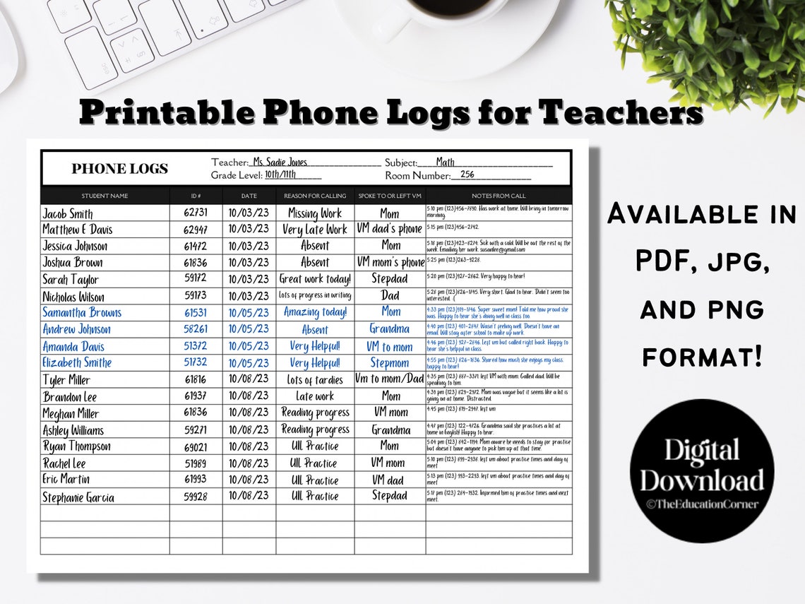 Phone Logs for Teachers Download and Print Download Once, Print Forever ...