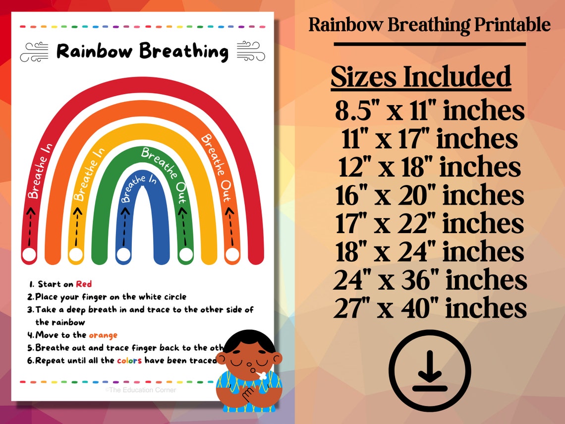 Rainbow Breathing Exercise Printable Calm Down Poster Anxiety Coping ...