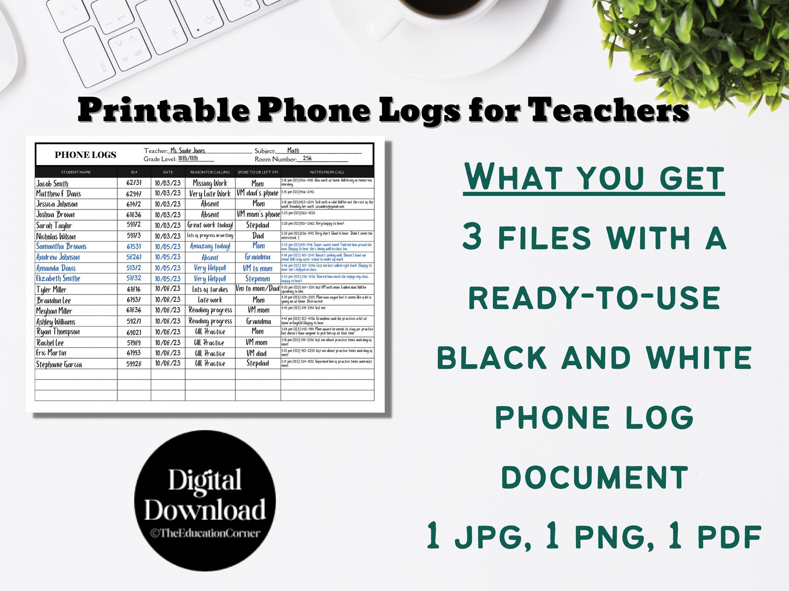 Phone Logs for Teachers Download and Print Download Once, Print Forever ...