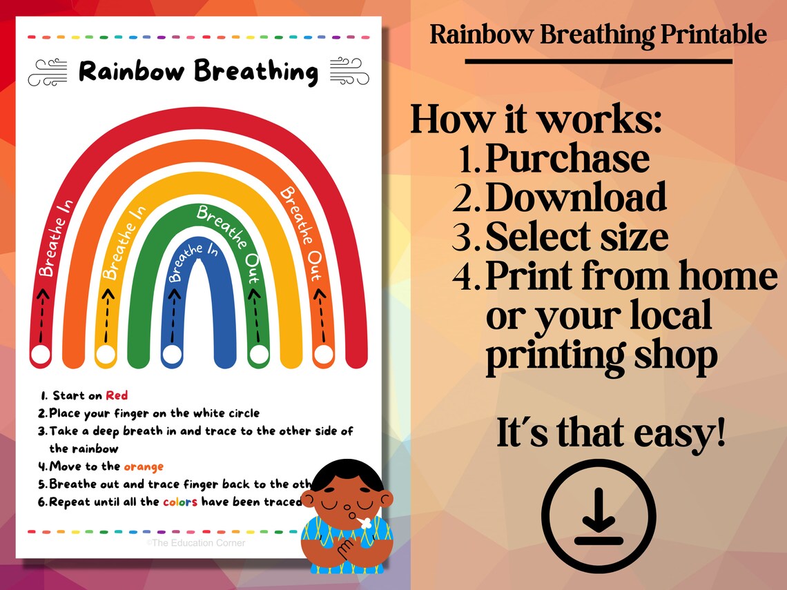 Rainbow Breathing Exercise Printable Calm Down Poster Anxiety Coping ...