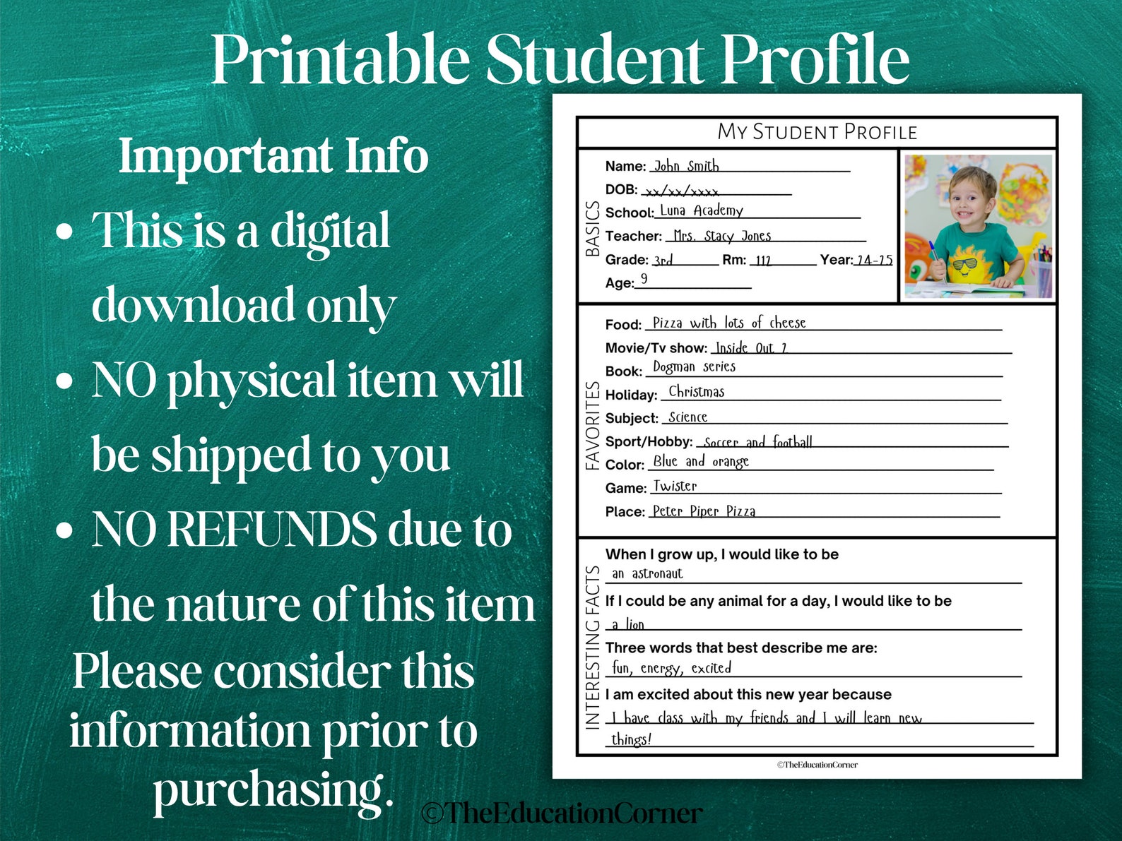 Printable Student Profile Sheet | Instant Download, DIGITAL DOWNLOAD ...