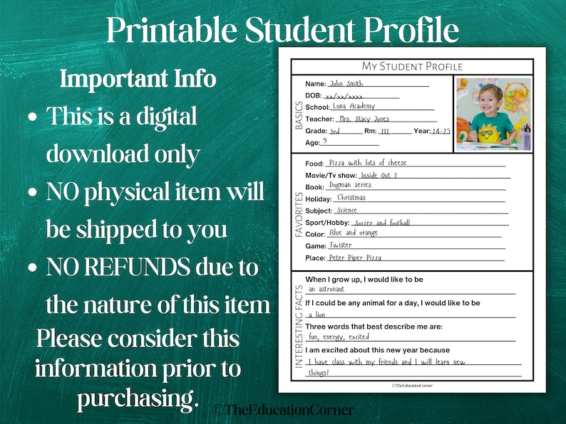 Printable Student Profile Sheet | Instant Download, DIGITAL DOWNLOAD ...