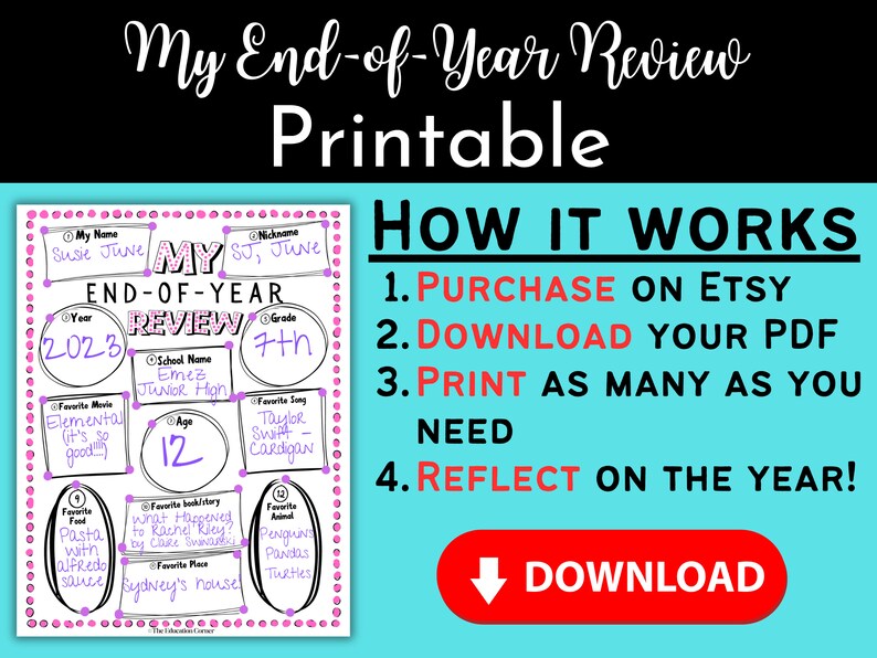 My End-of-year Review Printable | Year in Review Worksheet | New Year's ...