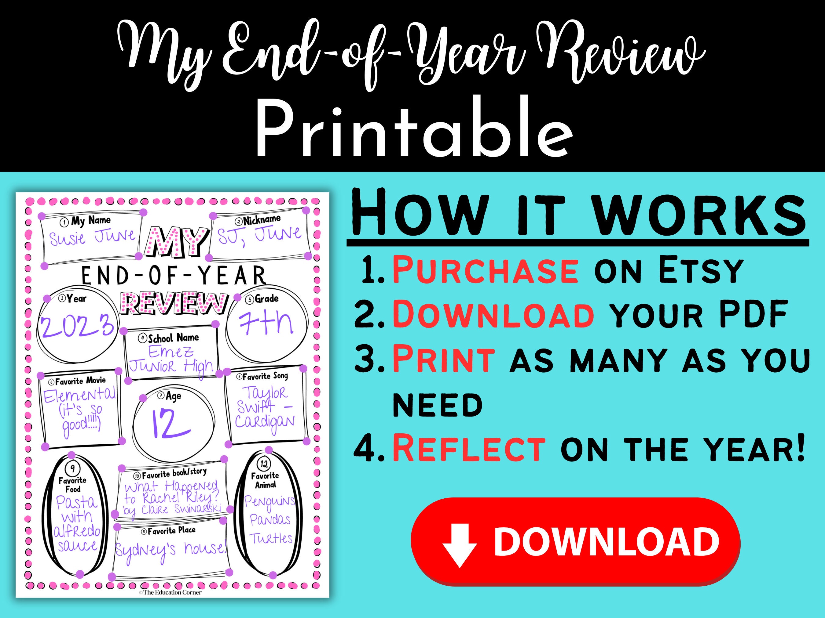 My End-of-year Review Printable | Year in Review Worksheet | New Year's ...