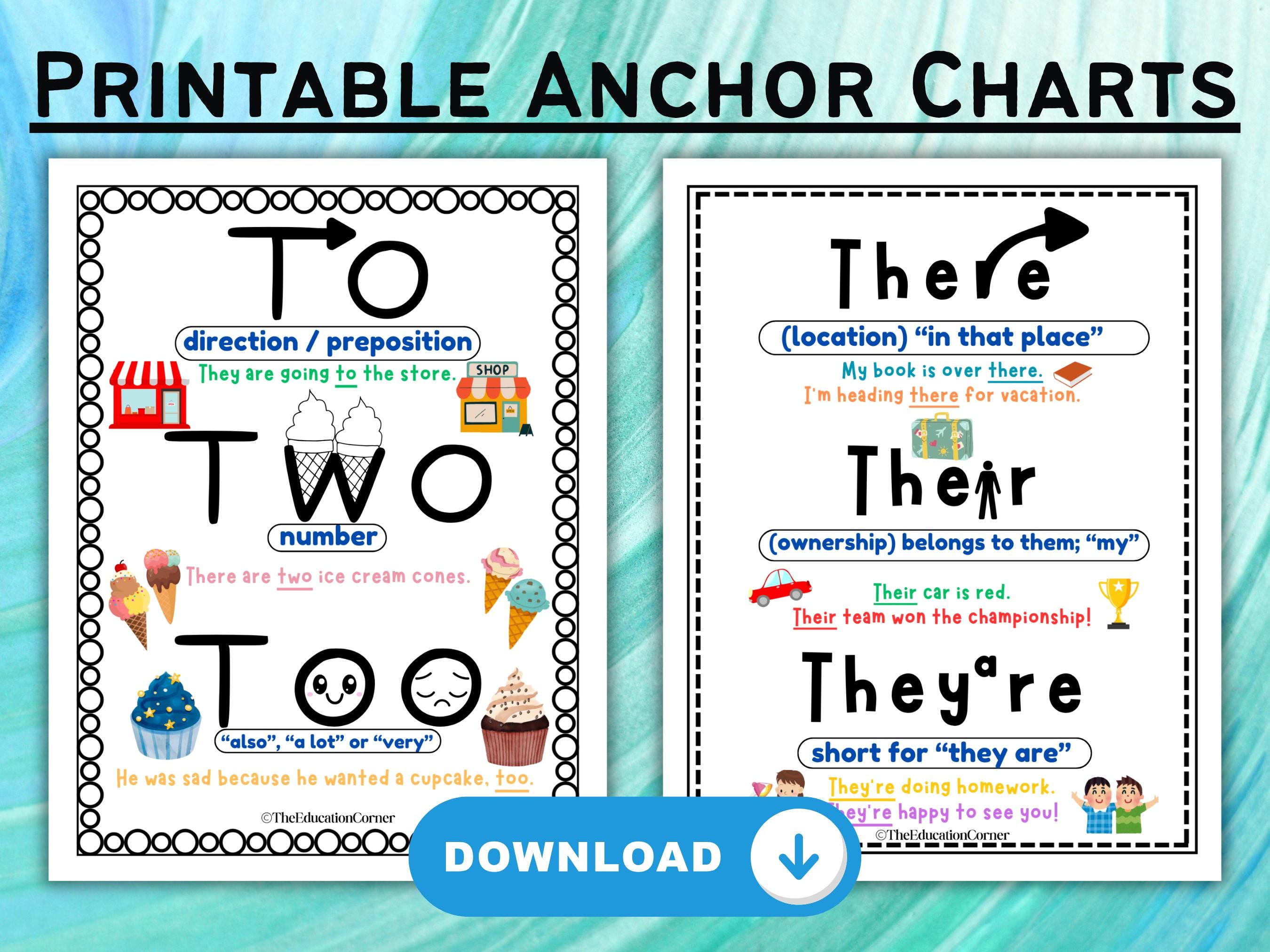 Their, There, They're & To, Two, Too Anchor Charts and Worksheets (PDF ...