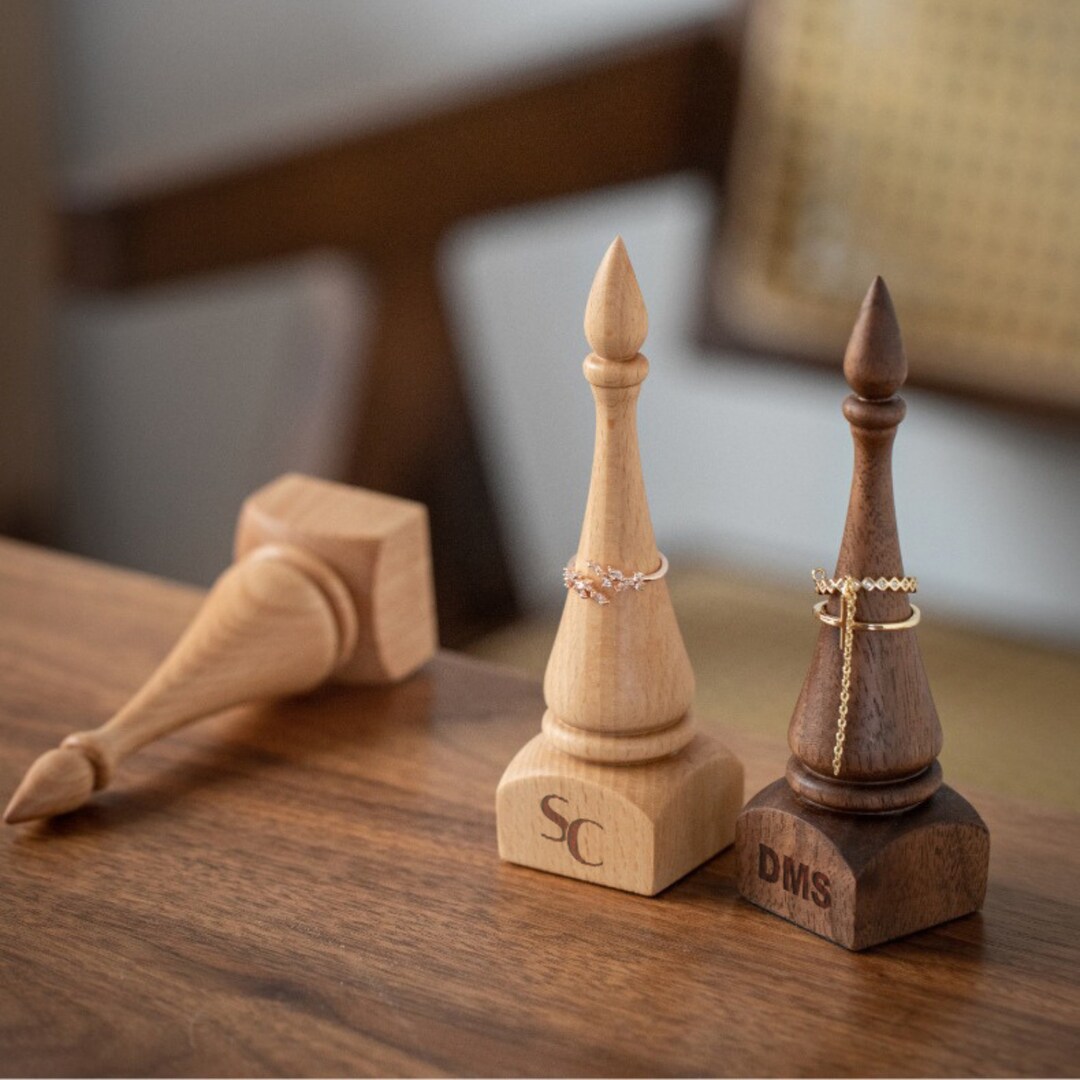 Personalized Wooden Ring Holder, Vintage Cone Ring Display Stand ...