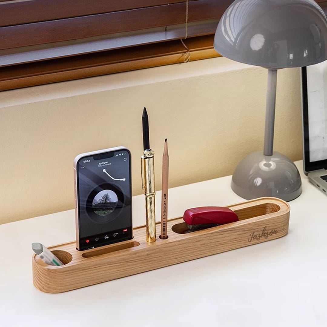 Personalized Premium Wood Desktop Organizer With Phone Stand, Stylish ...