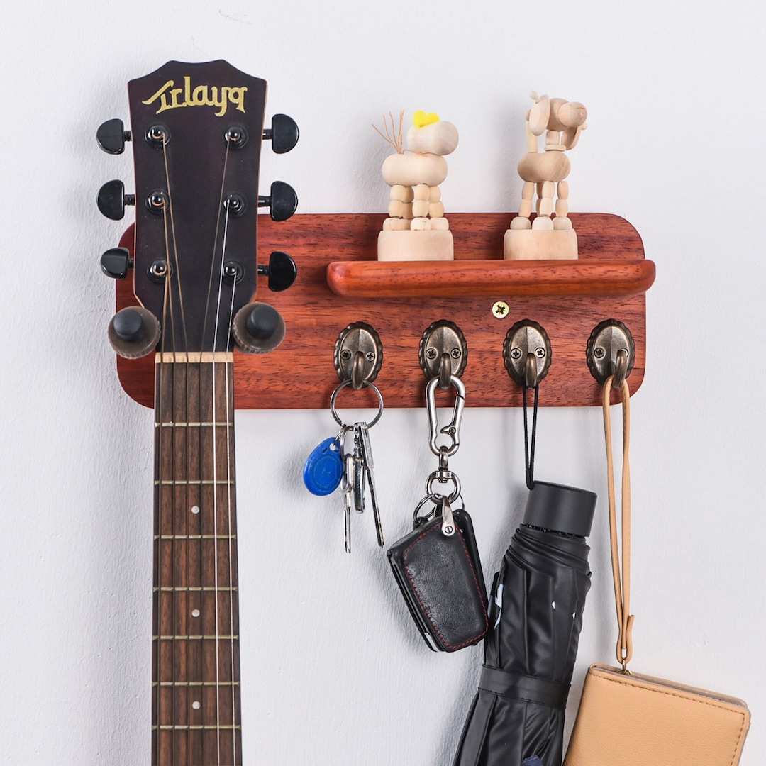 Premium Solid Wood Guitar Wall Mount Rack With Shelf and Hooks, Guitar ...