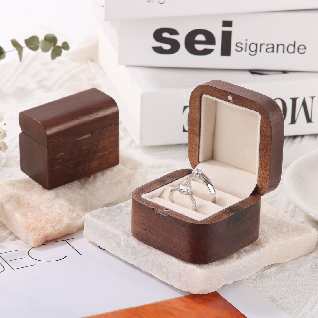 Personalized Wedding Double Ring Box, Custom Wooden Ring Holder for ...