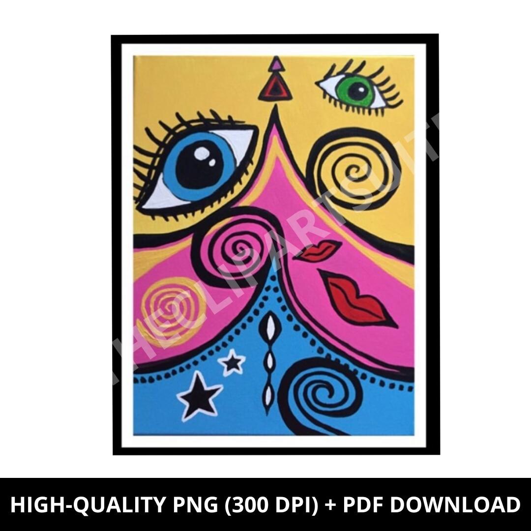 Abstract Spiral Eyes Lips Hand Painting Print Pink, Blue, Yellow ...