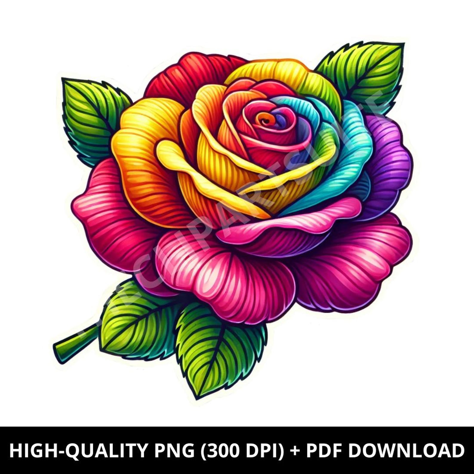 Rainbow Rose | PNG (300 DPI) & PDF File Digital Download | Clipart ...