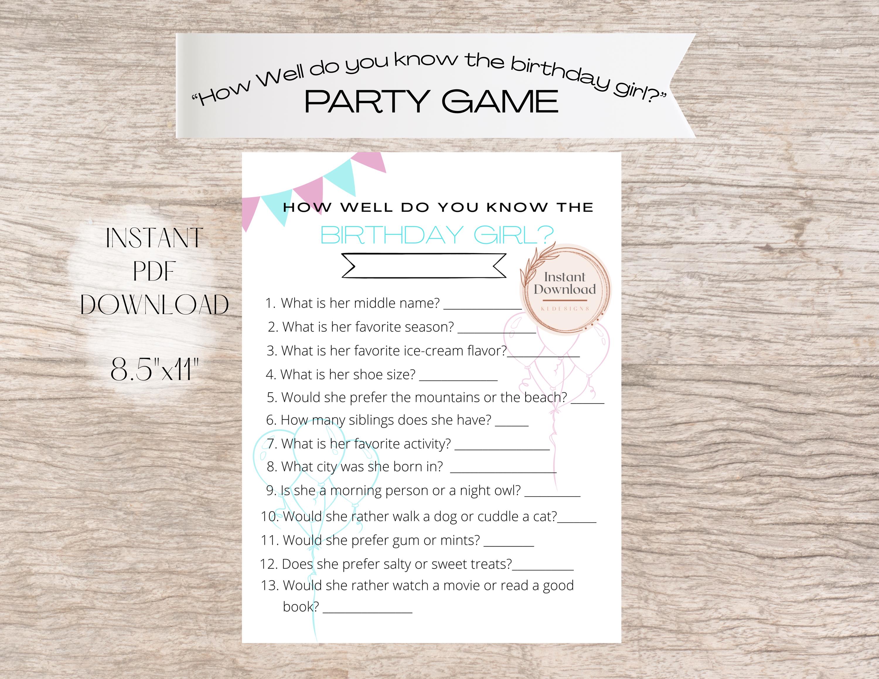 Birthday Party Game: "how Well Do You Know the Birthday Girl?" Fun Quiz ...