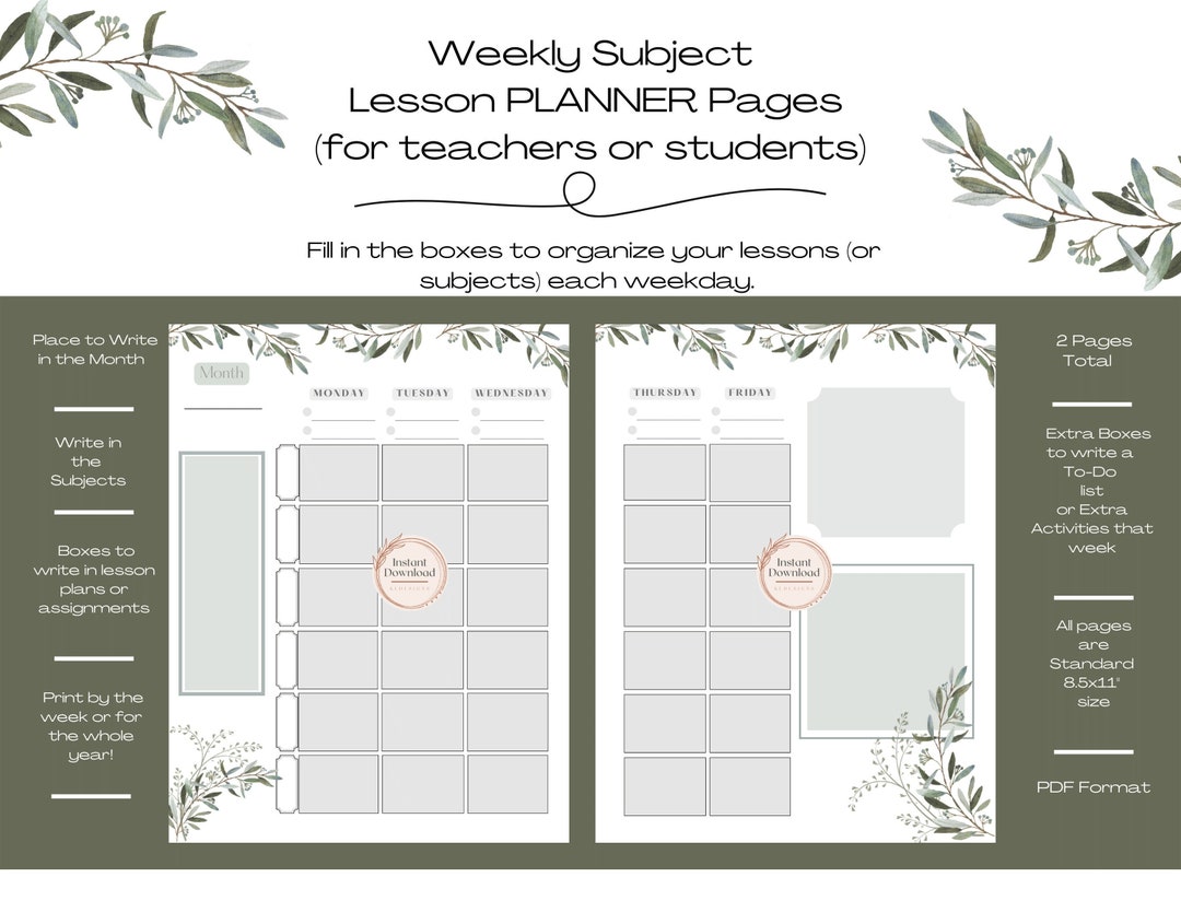 Weekly Subject Planner or Lesson Planner for Teachers or Students ...