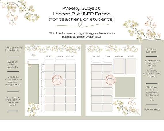 Weekly Subject Planner or Lesson Planner for Teachers or - Etsy
