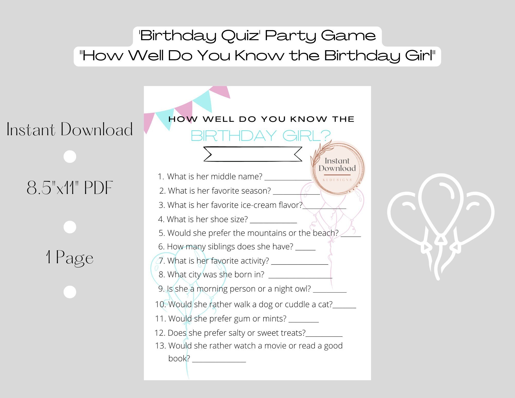 Birthday Party Game: "how Well Do You Know the Birthday Girl?" Instant ...
