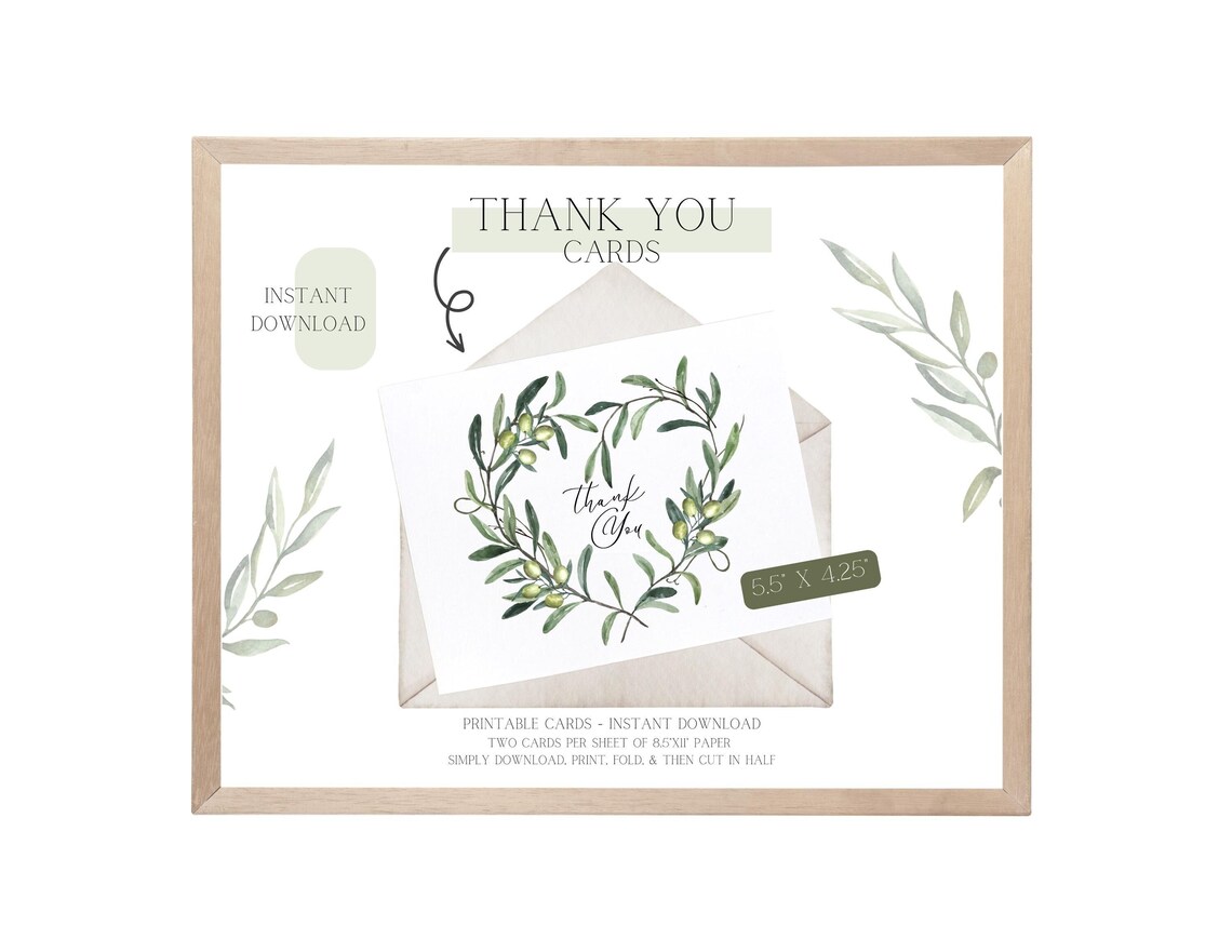 Thank You Cards, Thanks, Olive Branch Leaf Design, Wreath, Instant ...