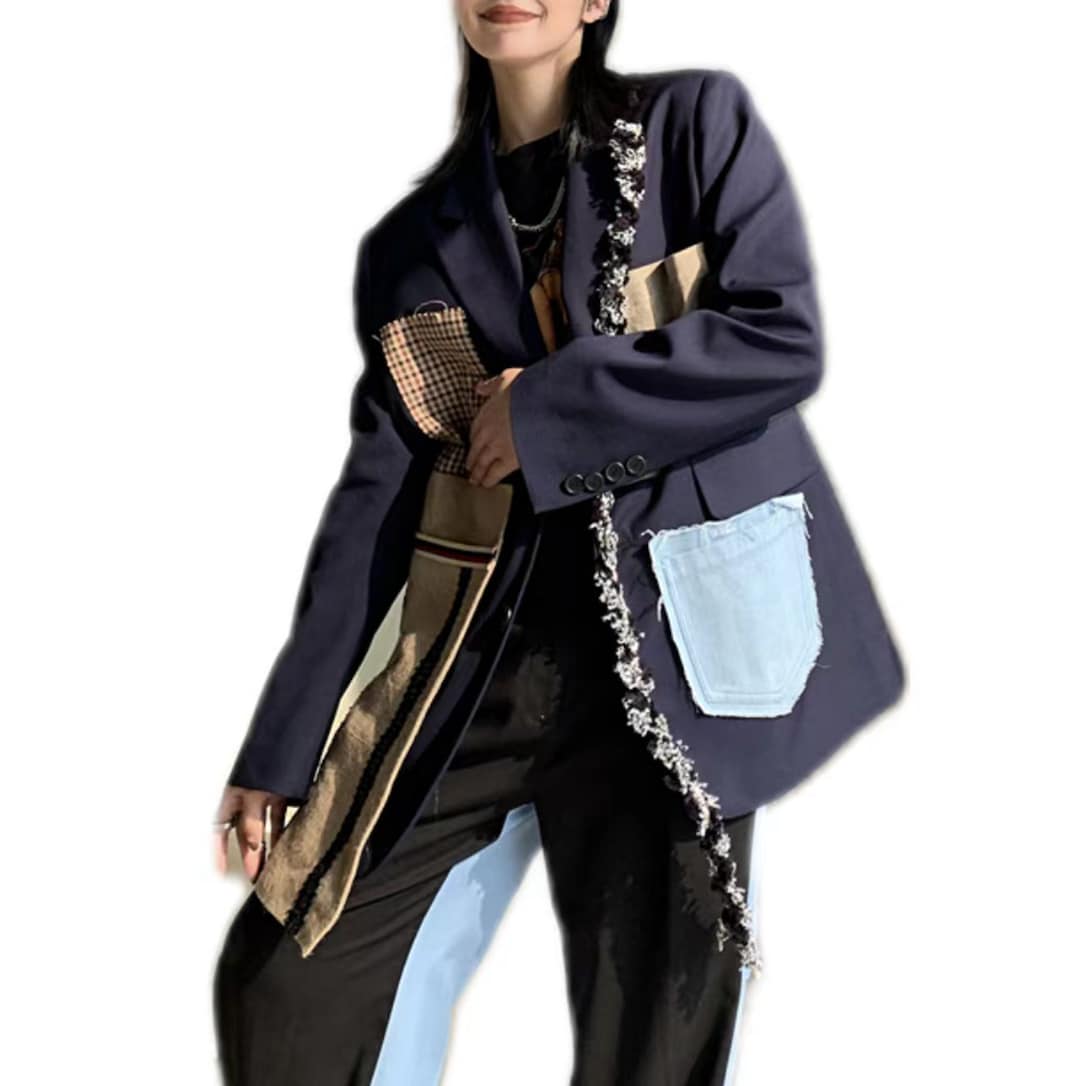 Unisex/female and Male Blazer Vintage Navy Blue Patchwork Blazer Lace ...