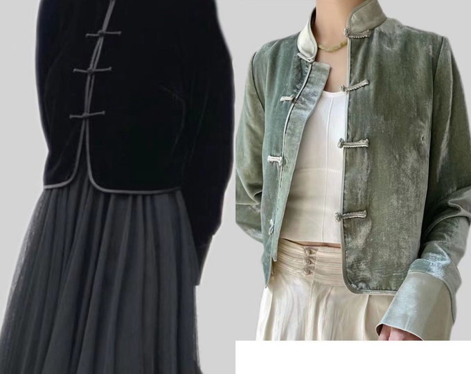 Black Velvet Chinese Frog Button Coat Modified Tang Suit Coat Black ...