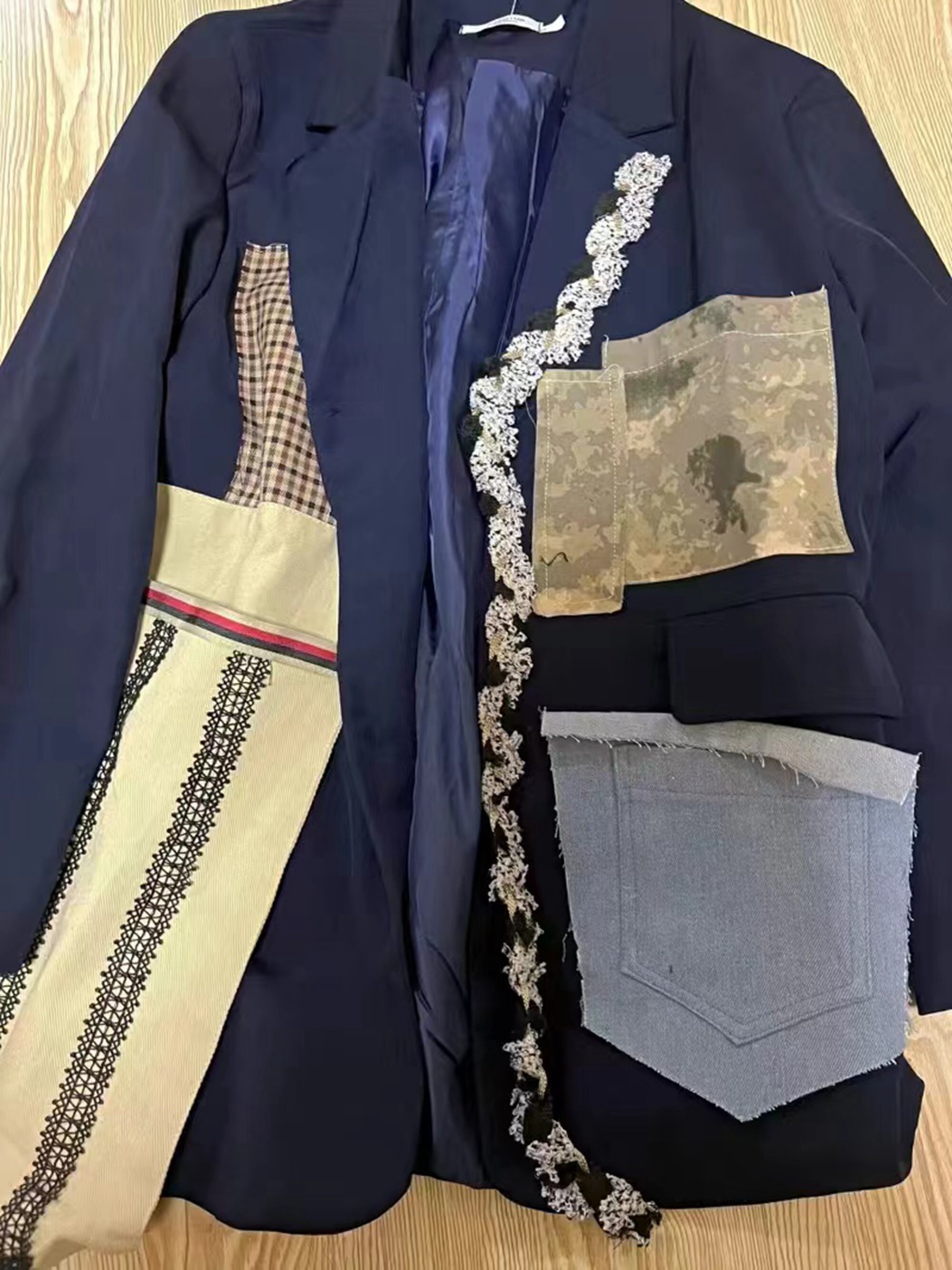 Unisex/female and Male Blazer Vintage Navy Blue Patchwork Blazer Lace ...