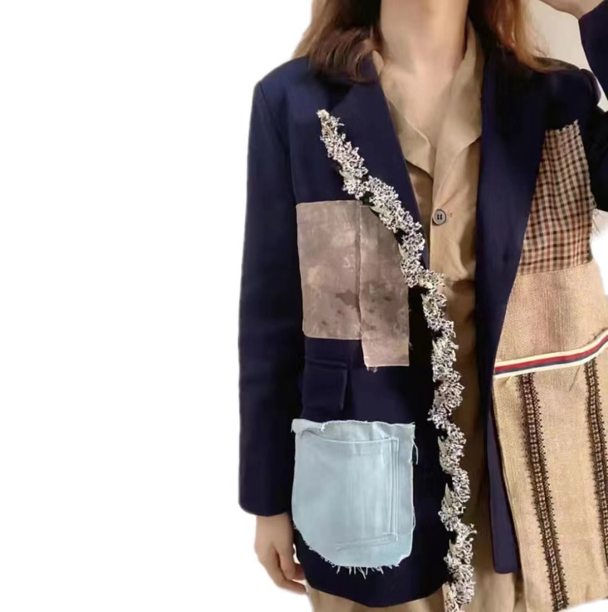 Unisex/female and Male Blazer Vintage Navy Blue Patchwork Blazer Lace ...