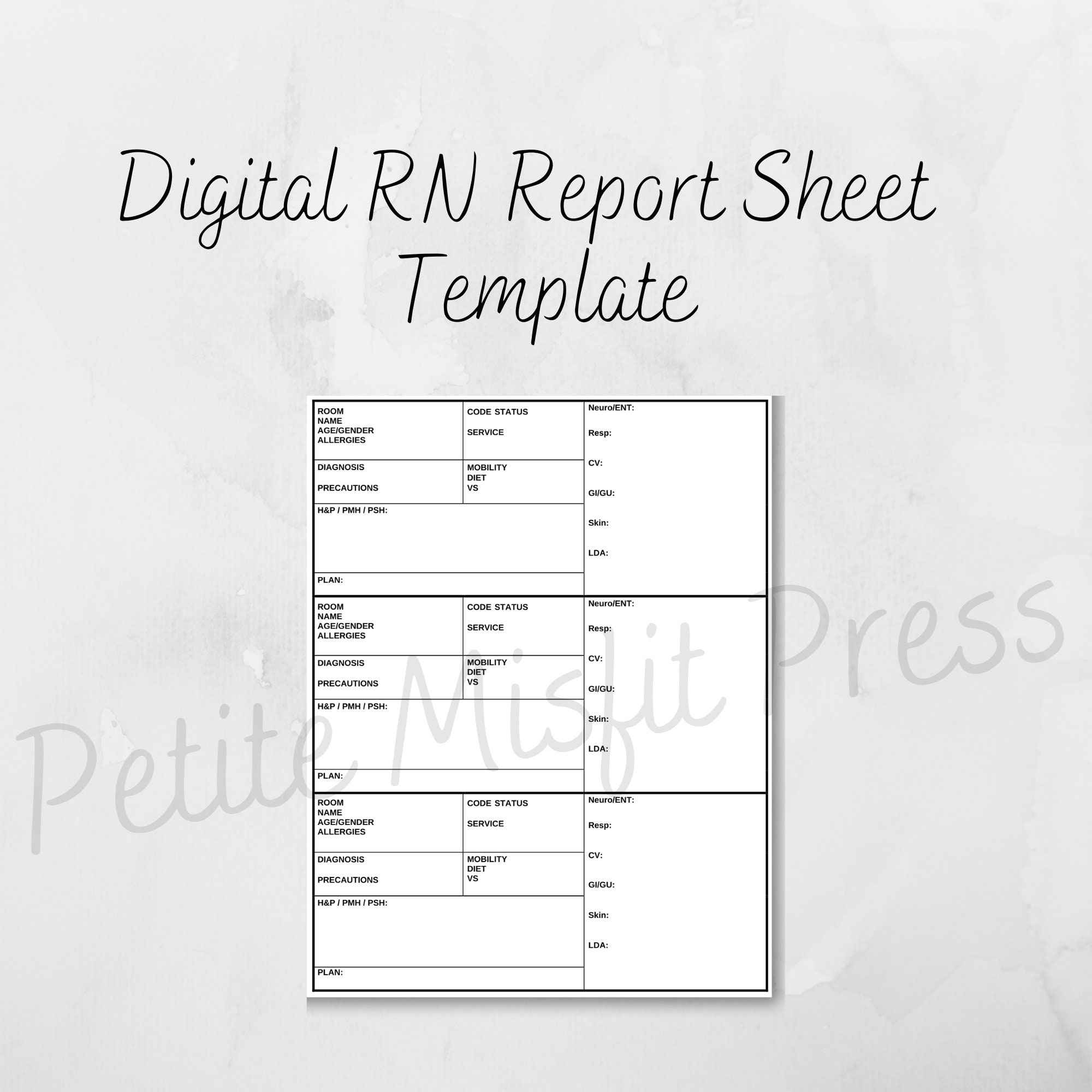 Printable Report Sheet Digital Download PDF Registered Nurse Nursing ...