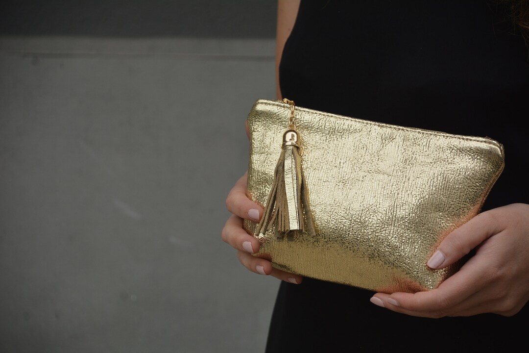 Metallic Gold Genuine Leather Makeup Bag, Metallized Leather Cosmetic ...