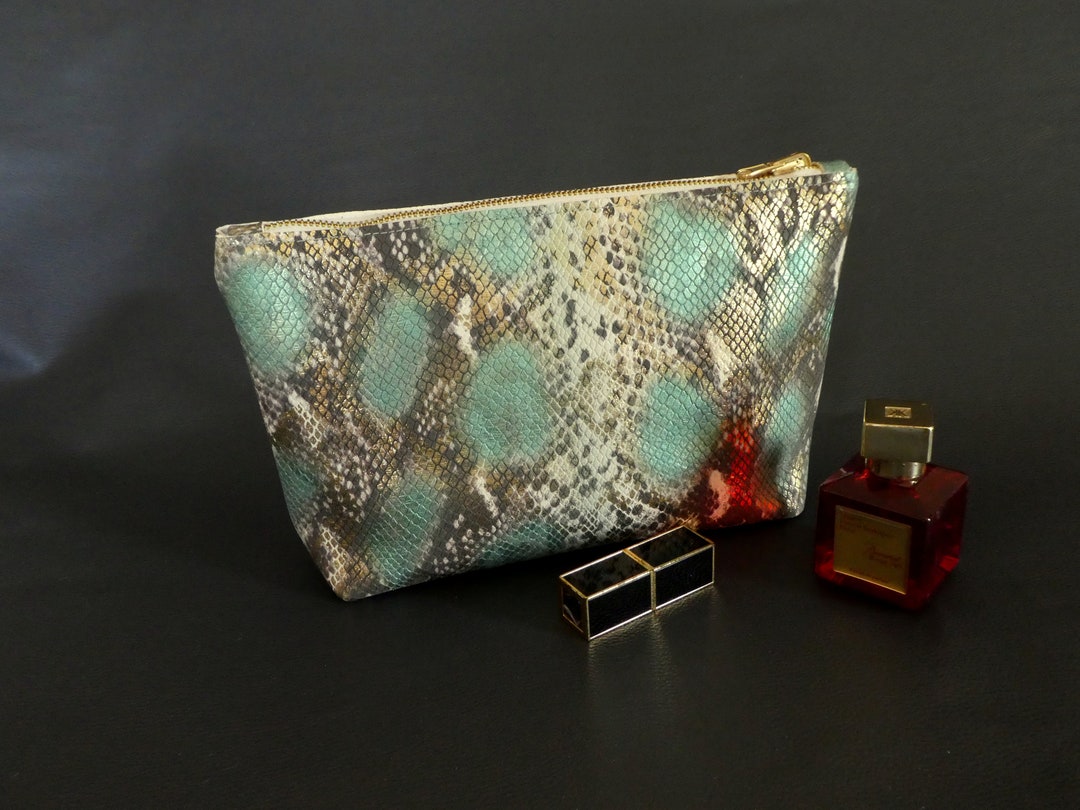 Metallic Gold Green Python Embossed Genuine Leather Large Cosmetic Bag ...