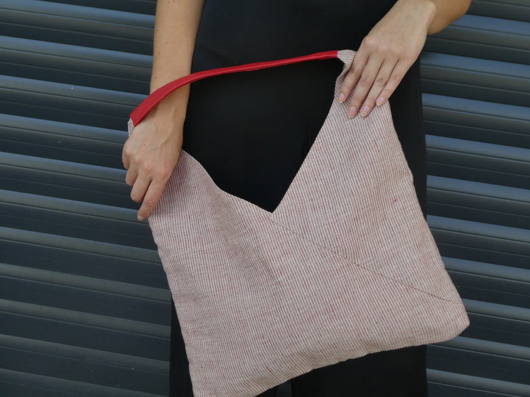 Natural Linen Japanese Origami Bag With Red Stripes, Organic Striped ...