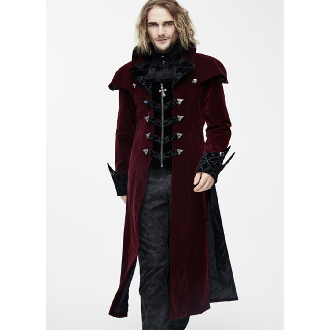 Long Coat for Mens, Gothic Triangle Metal Button Black Velveteen Fake ...
