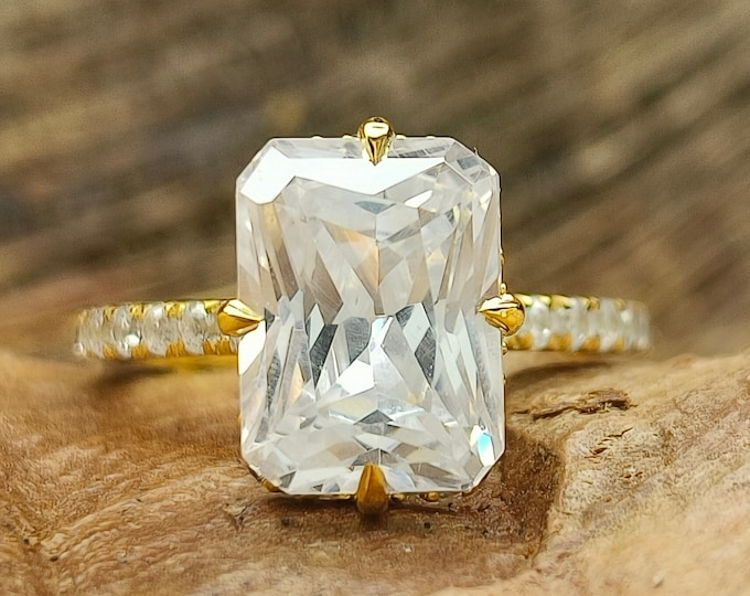 8x11mm Radiant Cut Simulated Stone Engagement Ring / Hidden Halo Gold ...