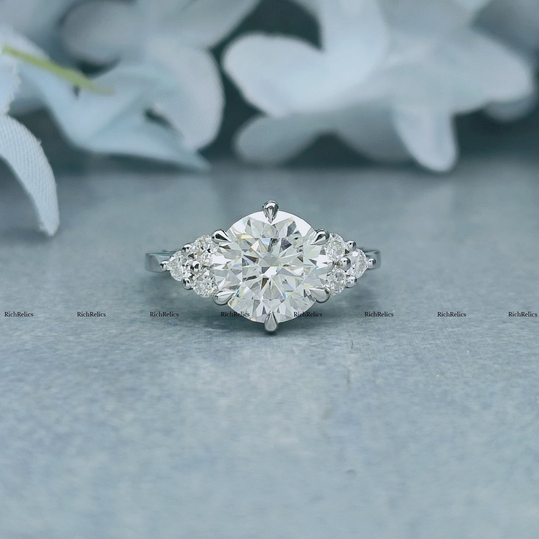 7 Stone Ring / Round Cut Simulated Diamond Solitaire Accent Engagement ...
