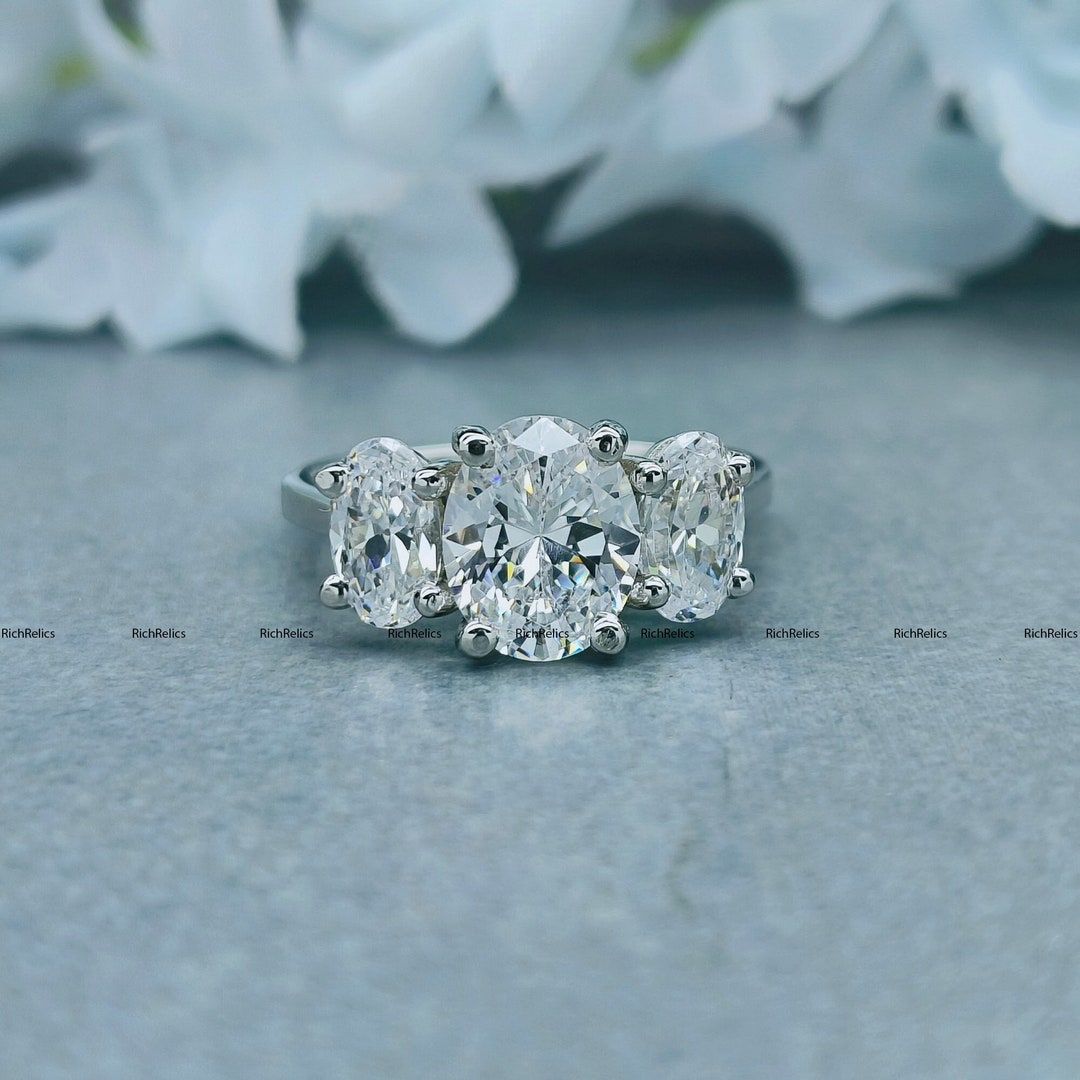 3 Stone Oval Simulant Diamond Engagement Ring / 8x10mm Oval Cut Ring ...