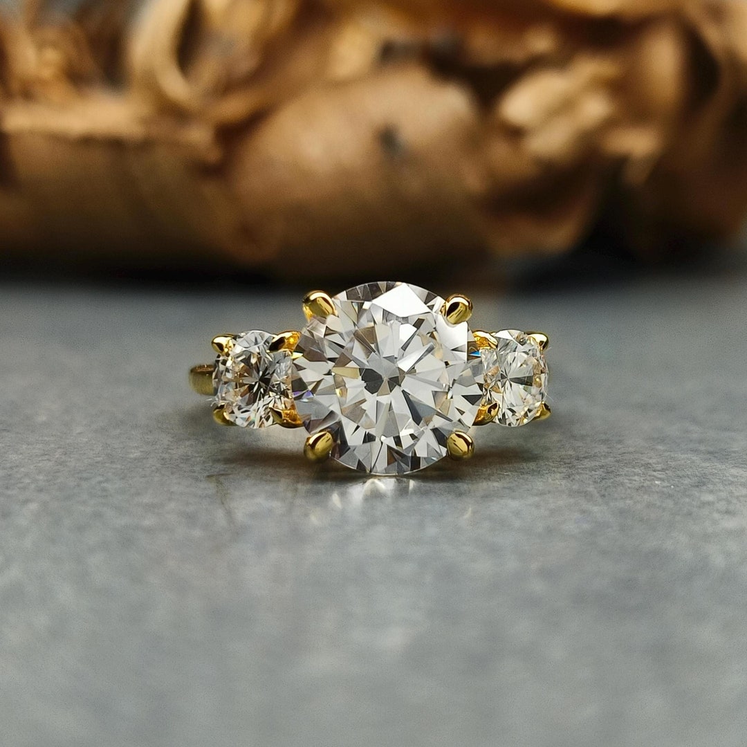 3 Stone Round Simulant Diamond Engagement Ring / 10mm and 7mm Round Cut ...