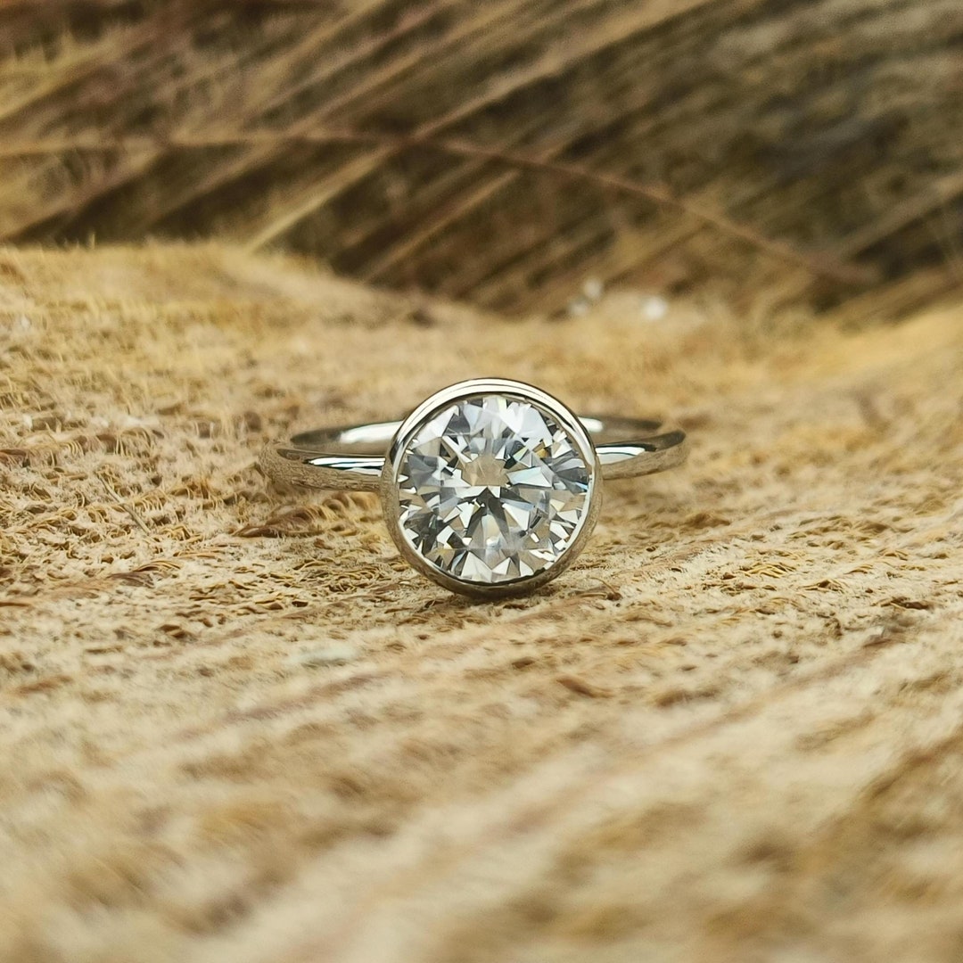 1, 2 or 3ct Round Cut Solitaire Bezel Ring / Round Bezel Engagement ...