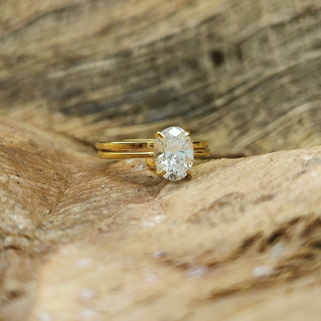 Vintage Minimalist Bridal Ring Set/ 1 Carat Oval Cut Solitaire Diamond ...