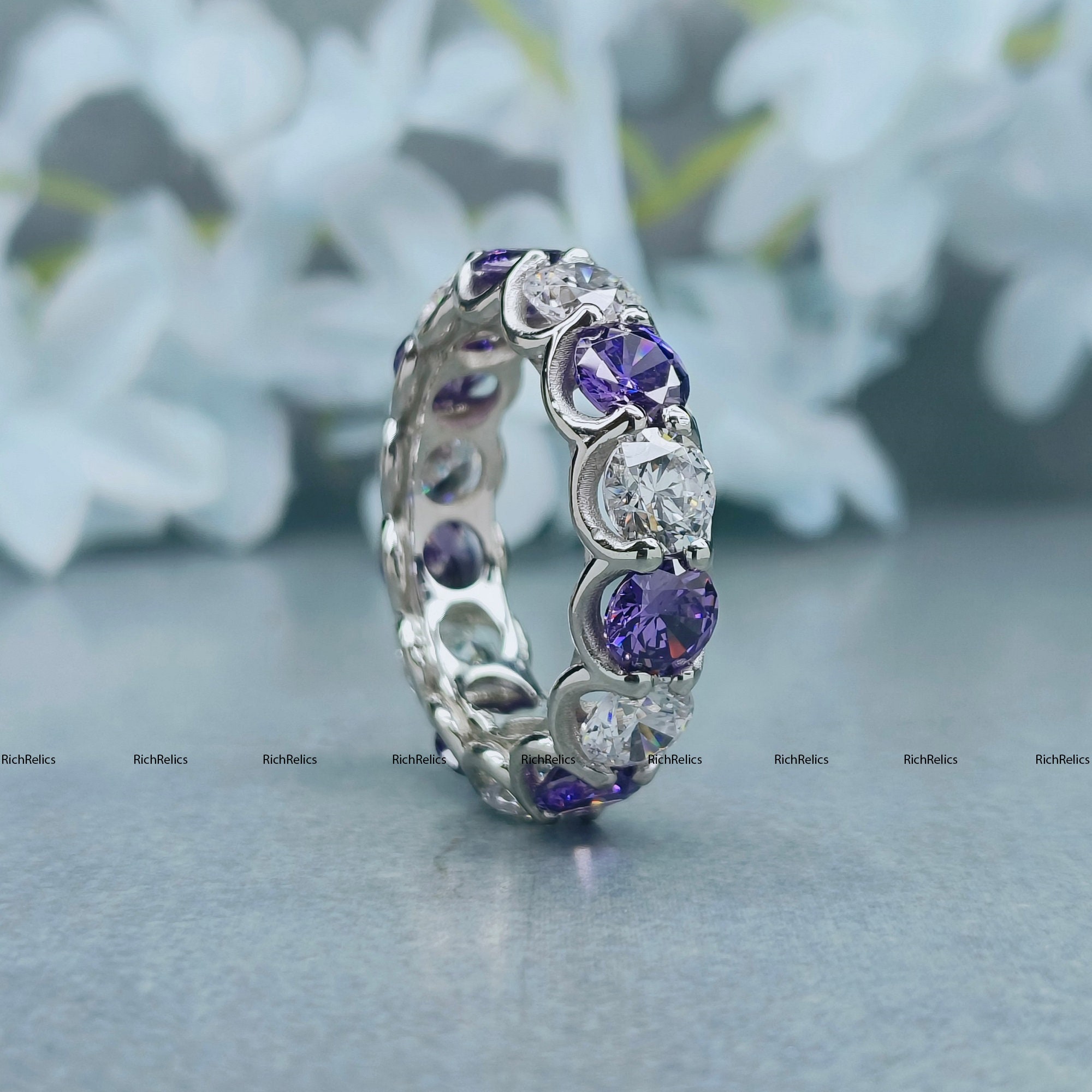 Amethyst and White Brilliant Cut Simulant Diamond Band/simulant Diamond ...