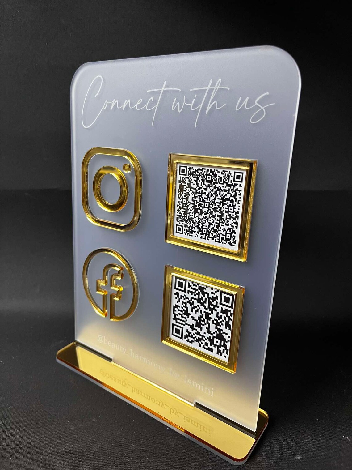 Custom Social Media QR Code Display Stand: Frosted Acrylic With Gold ...