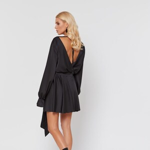 Emerald Green Silk Mini Cocktail Dress/ Wedding Guest Dress/ Long Sleeve Dress/ Silk Mini Wrap ...